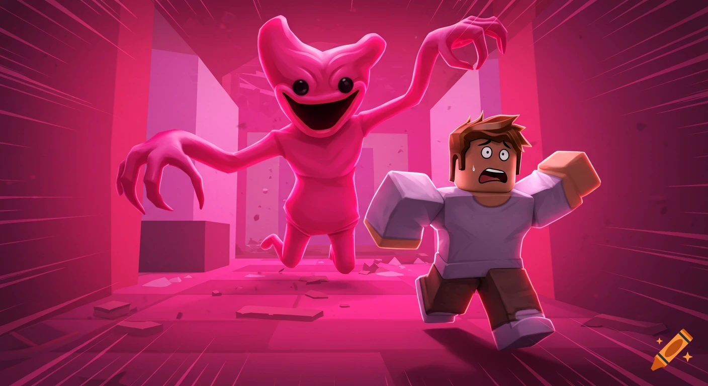 A Roblox player runs in fear from a pink monster in a corridor. on Craiyon