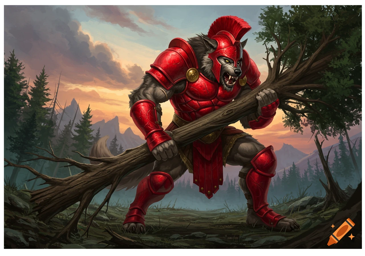 A muscular wolf-like creature in red Spartan armor carrying a tree ...
