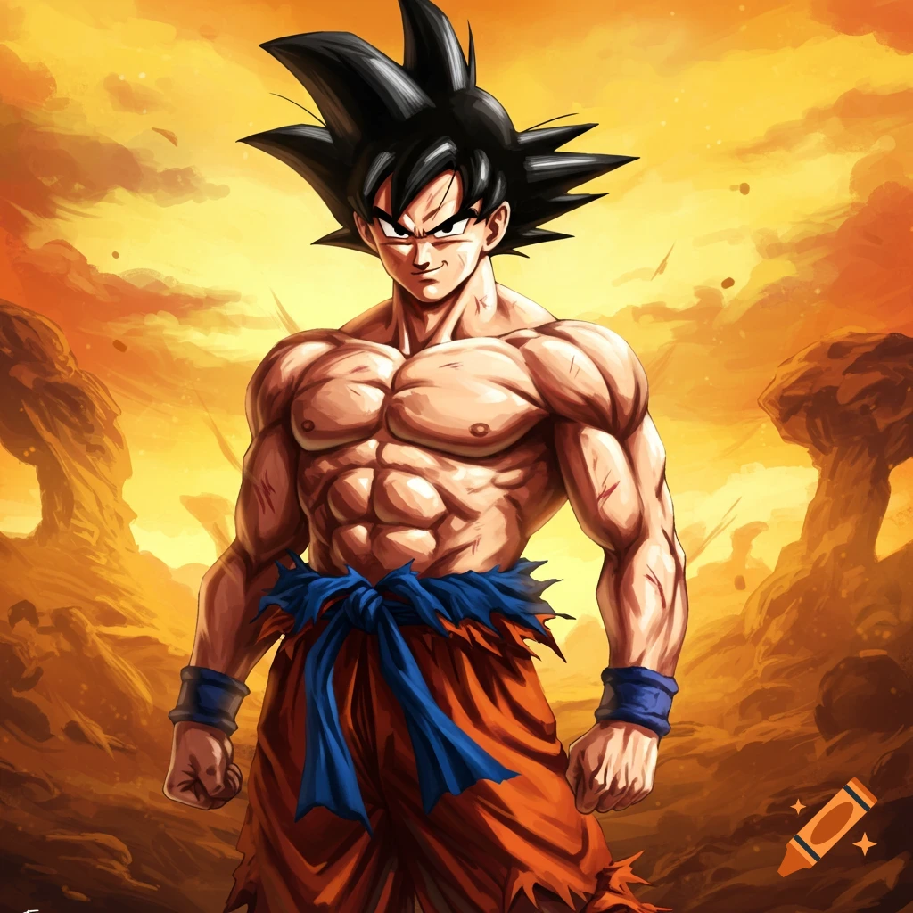 Anime illustration of shirtless Goku showing off his muscles against an ...