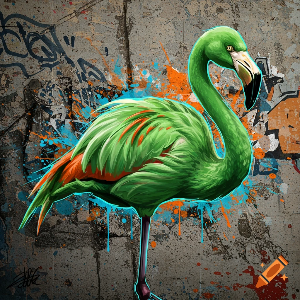 Green flamingo street art on a concrete wall with colorful paint ...