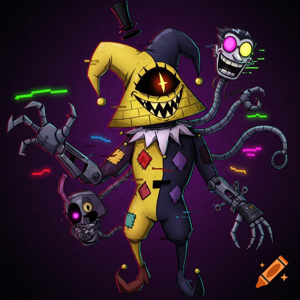 Stylized art of a creature combining Bill Cipher, Jevil, Spamton, and a ...
