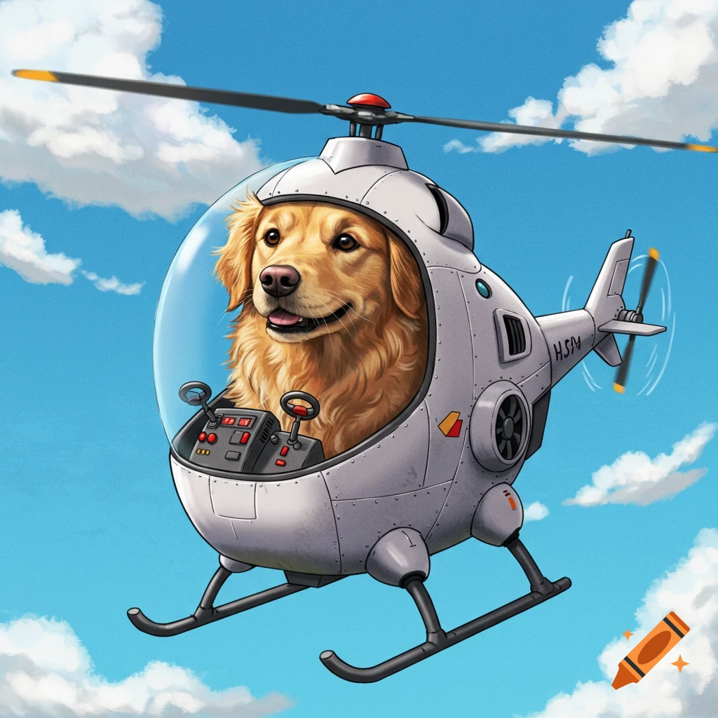 An illustration of a golden retriever dog flying a helicopter suit in ...