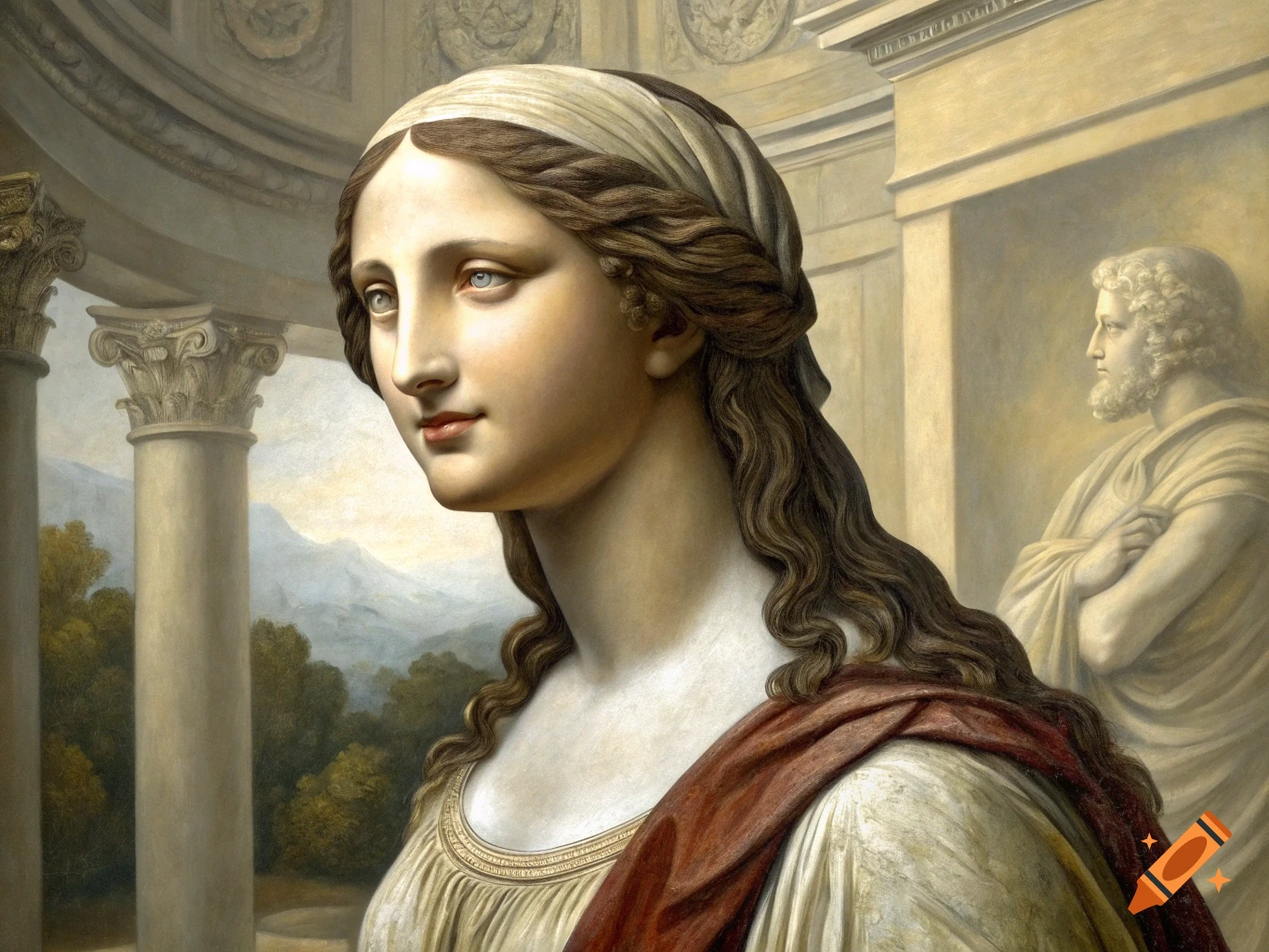 Classical painting portrait of a woman in ancient attire in front of ...