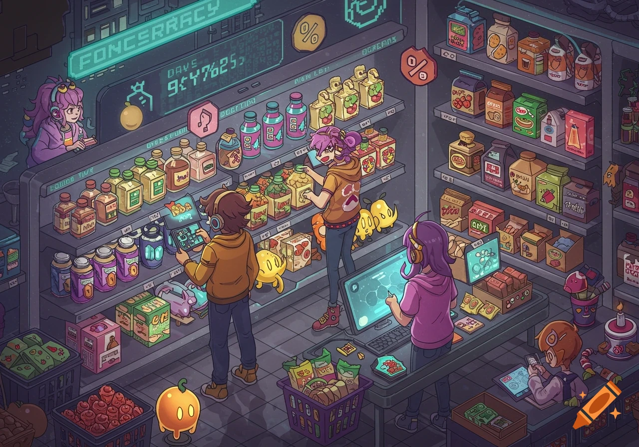 Anime style illustration of people shopping in a futuristic online ...