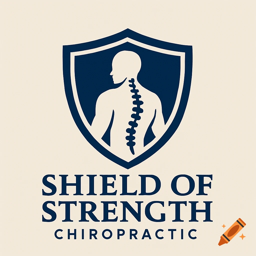 Logo for Shield of Strength Chiropractic: shield with person showing ...