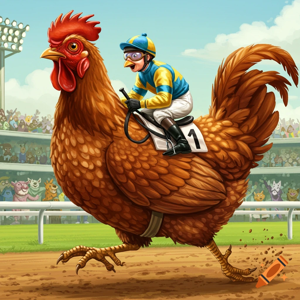 Cartoon jockey rides a giant chicken on a dirt track during a race ...