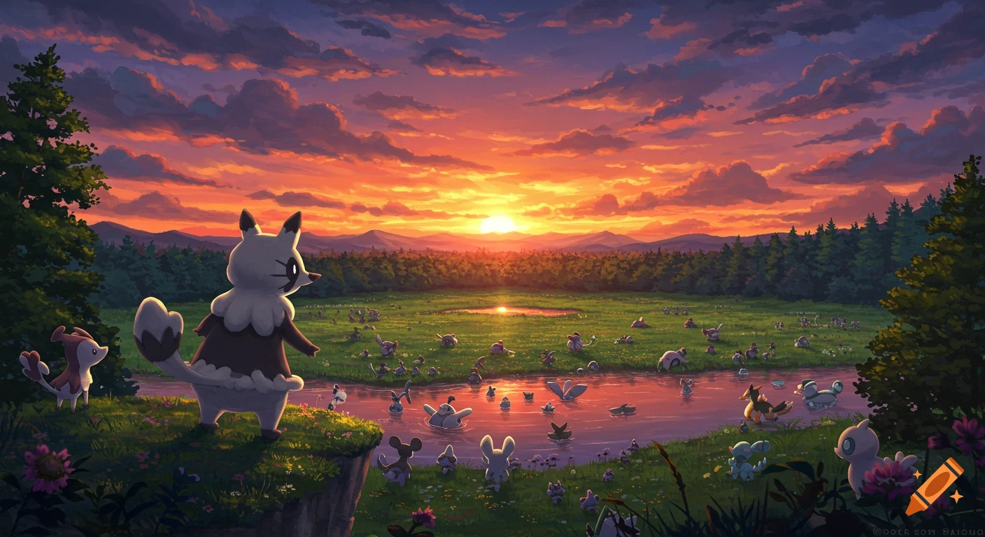 Pokemon gather by a river at sunset in a lush landscape with mountains ...