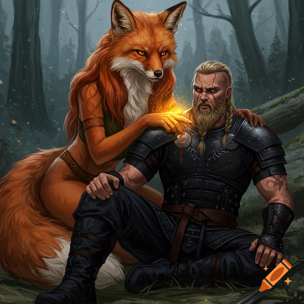 Fantasy art of a fox woman healing a viking warrior in a forest on Craiyon