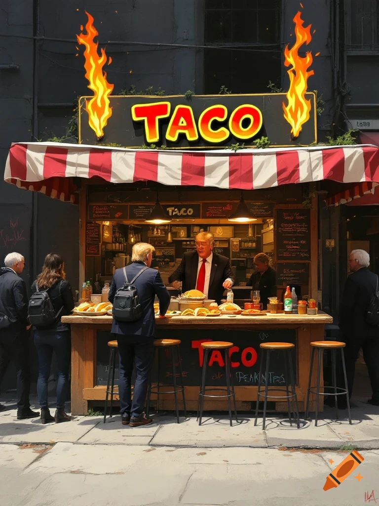 Donald Trump stands behind a taco stand with flames on the sign ...