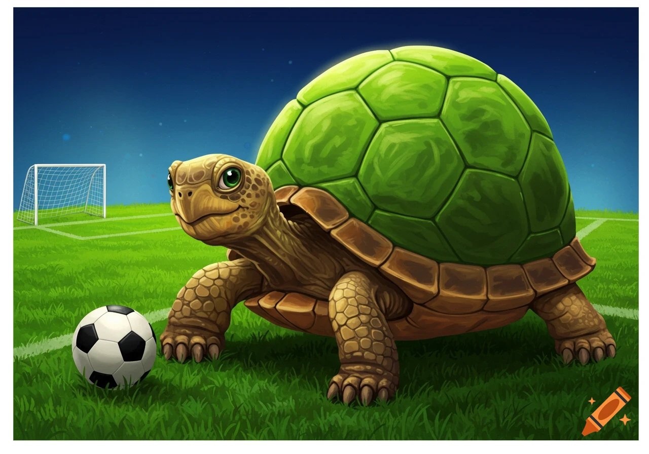 Cartoon turtle with a soccer ball shell on a soccer field next to a soccer ball and goal. on Craiyon