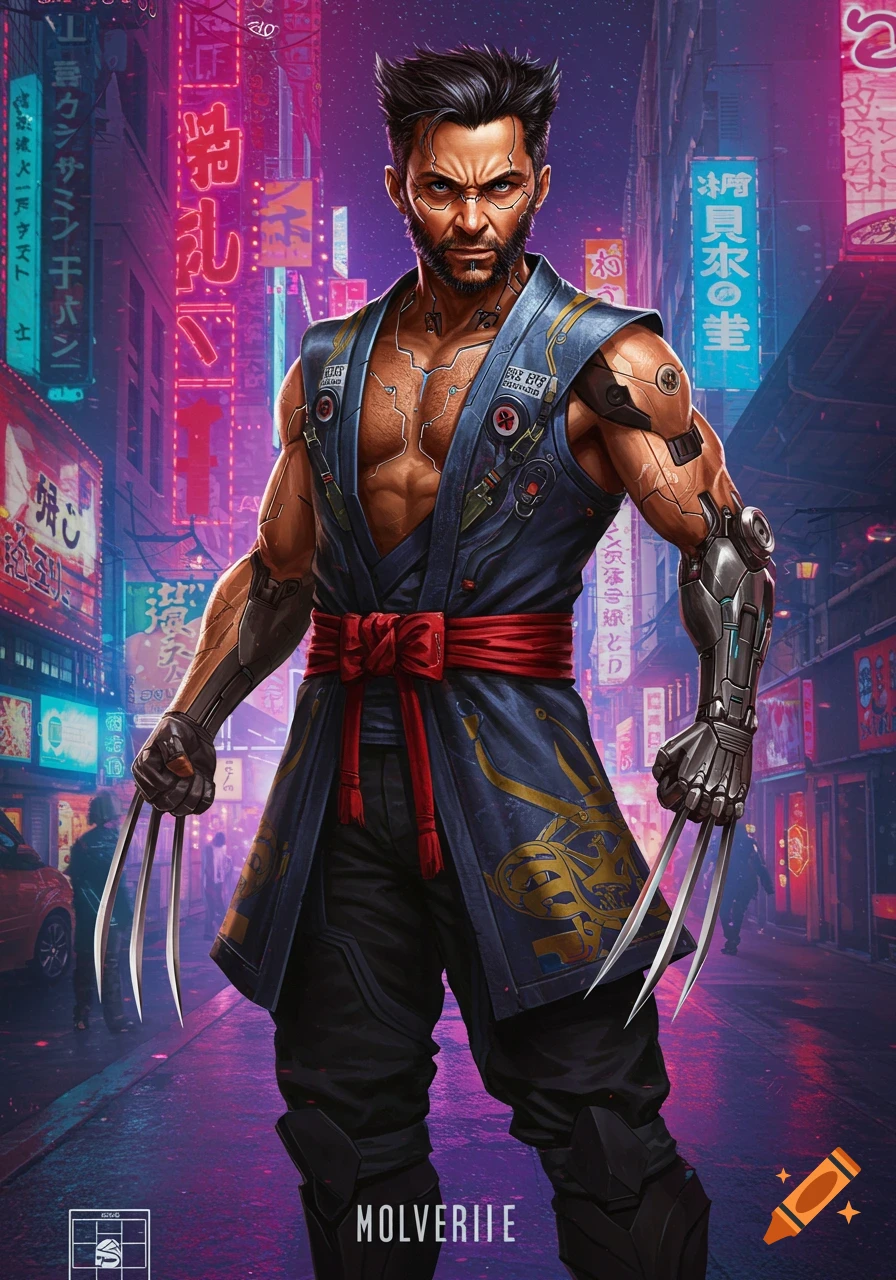 Cyberpunk Wolverine stands with claws extended in a neon-lit Japanese ...