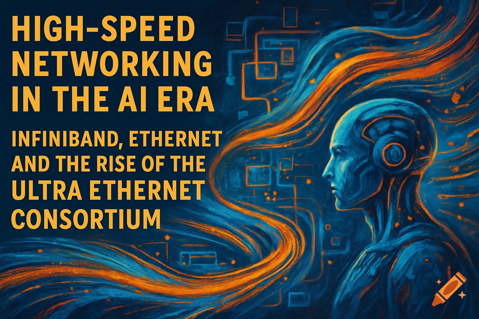 Abstract tech image with stylized head, data streams, and text about high-speed networking in ...