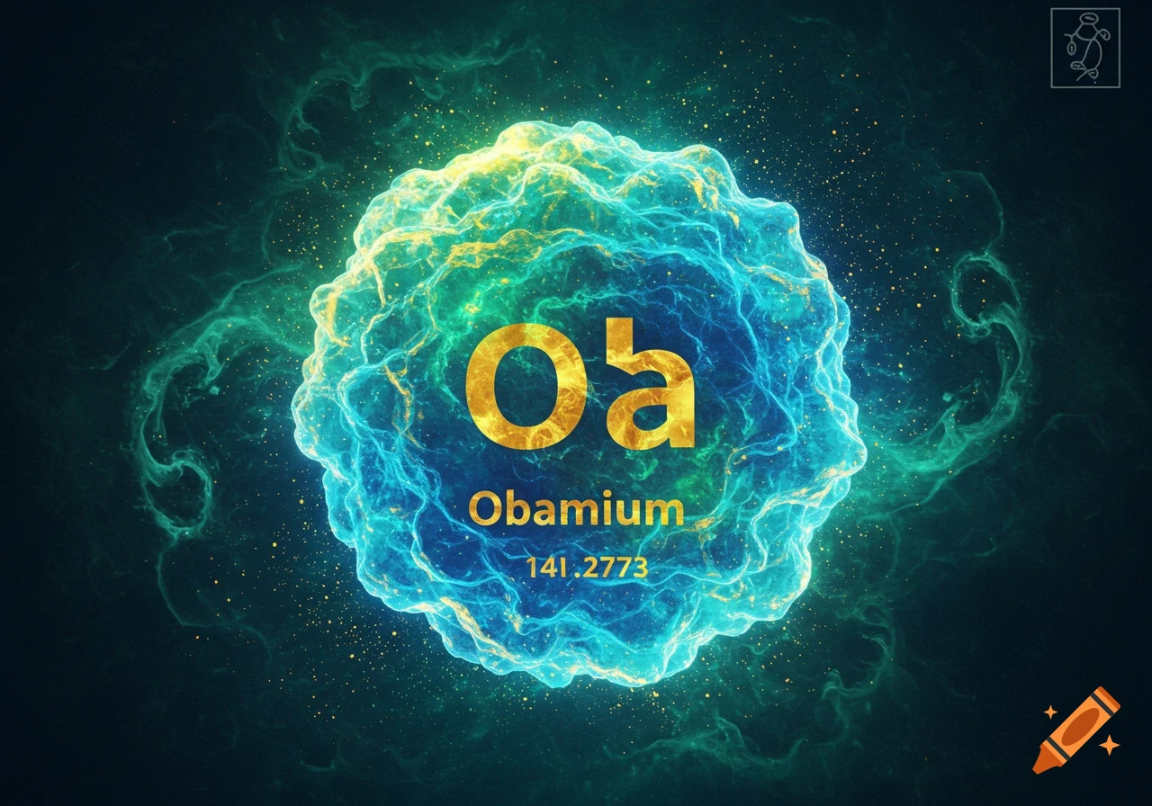 A glowing blue and gold abstract object with text 'Oba Obamium 141.2773 ...