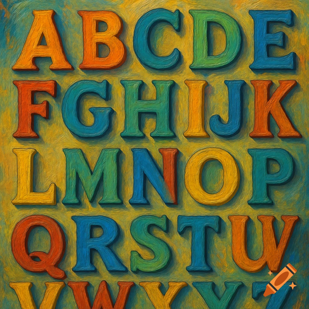 Colorful, textured capital letters of the alphabet (A-Y) arranged in ...