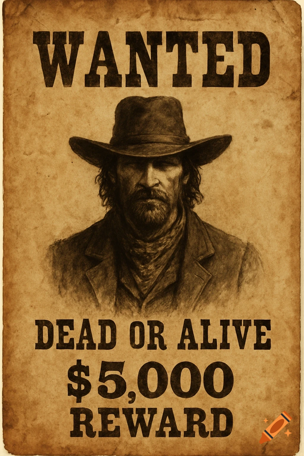 Vintage wanted poster featuring a drawing of a rugged man in a cowboy ...