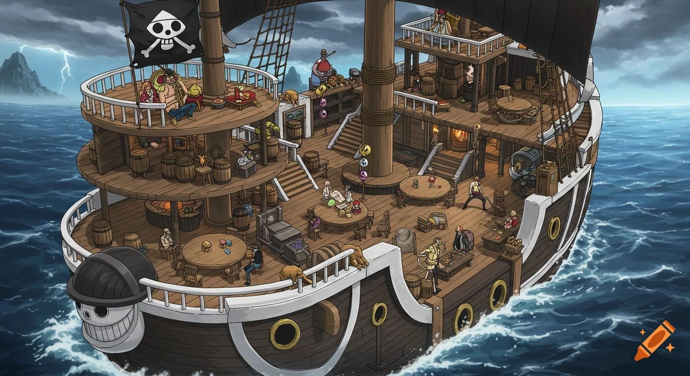 Anime illustration of a detailed pirate ship cutaway view showing ...