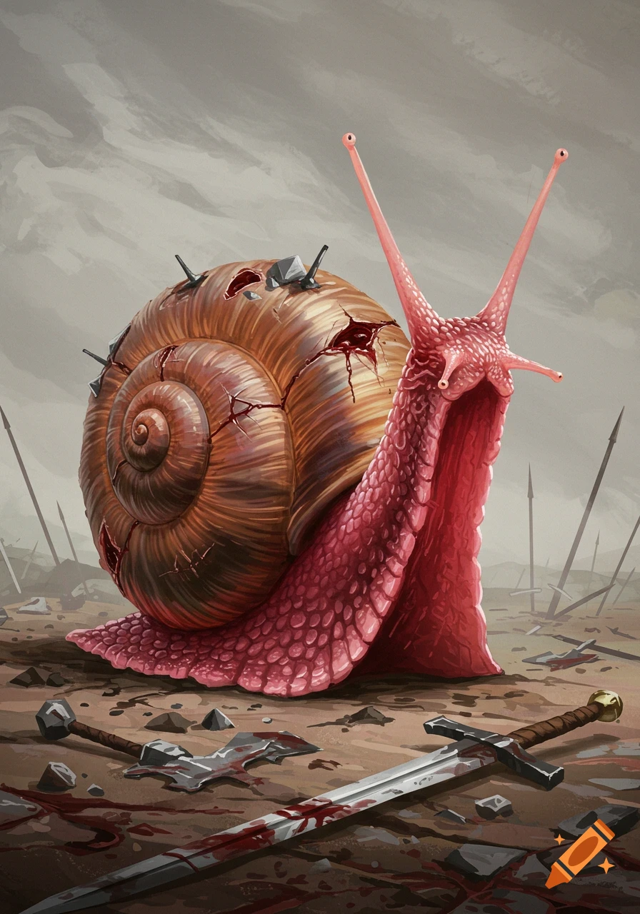 Giant snail with a damaged shell and blood in a battlefield, fantasy ...