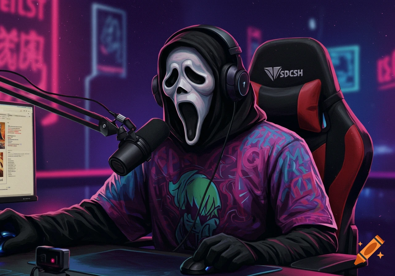 Ghostface wearing headphones and sitting at a desk with a microphone ...