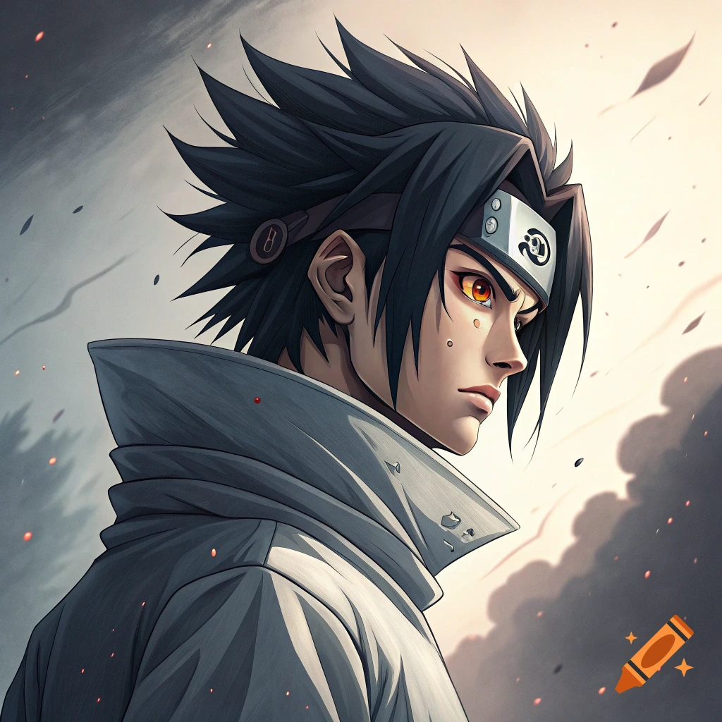 Anime portrait of Sasuke Uchiha with Sharingan eyes, wearing a Konoha ...