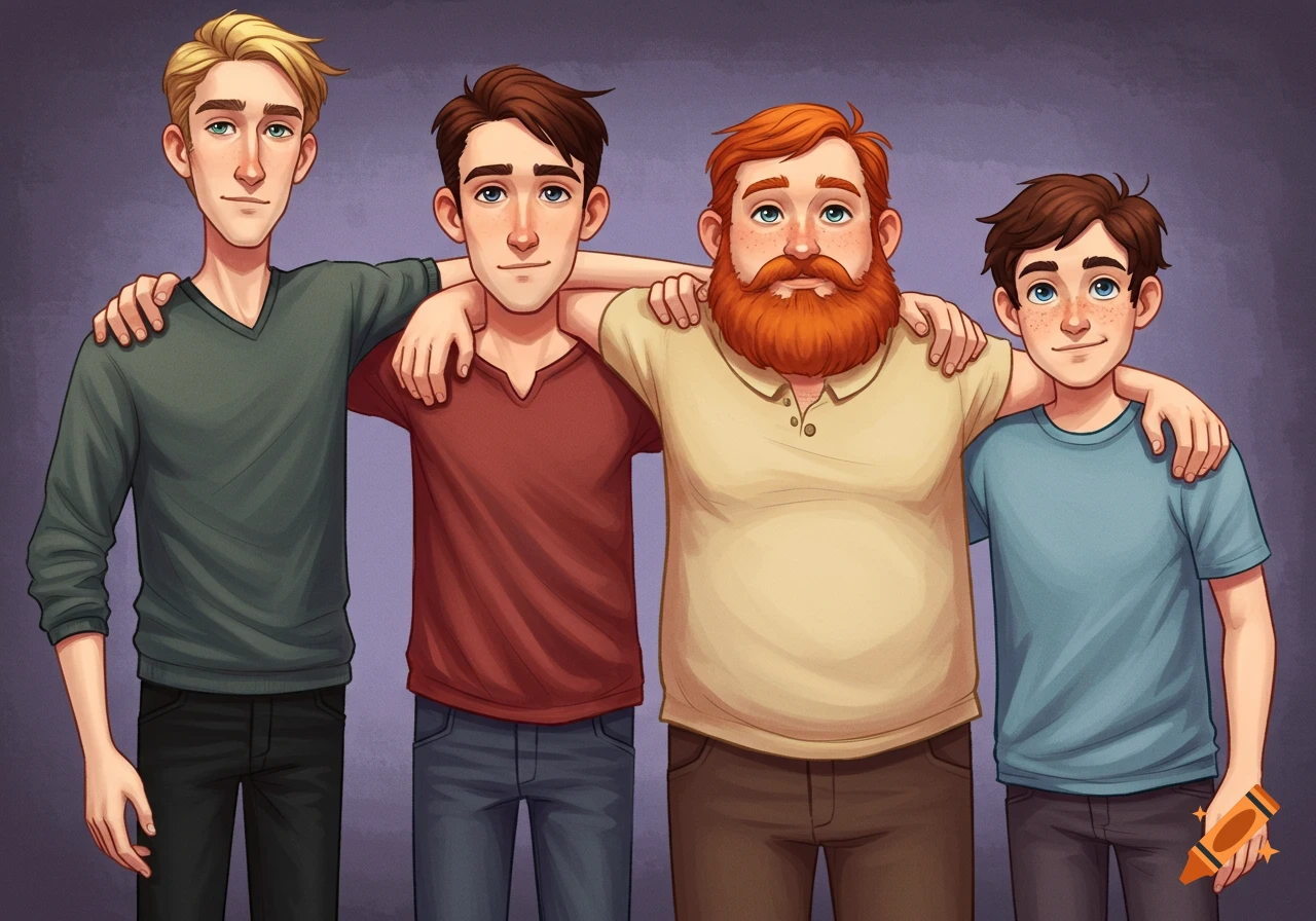 Four animated men/boys stand together with arms around shoulders on Craiyon