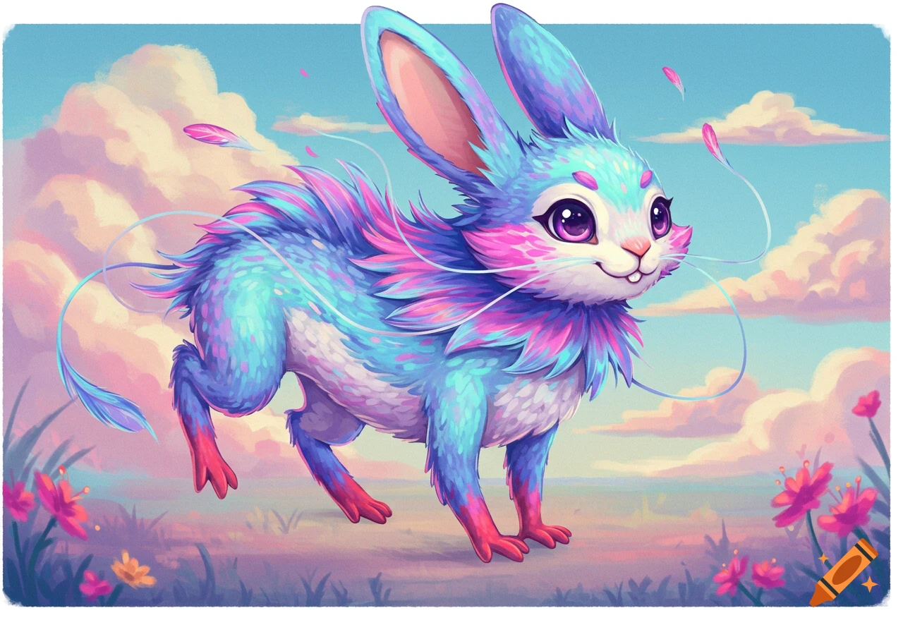 A colorful fantasy creature resembling a rabbit stands in a field with ...