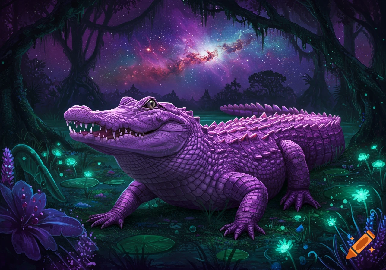 A vibrant purple alligator sits in a dark swamp under a cosmic night ...