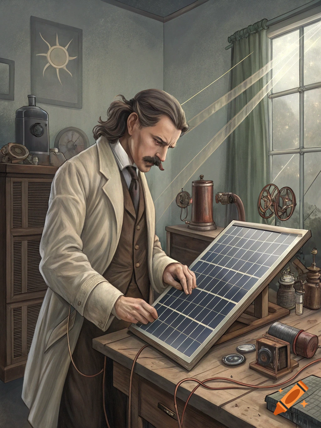 A historical figure resembling Nikola Tesla works on a solar panel in a ...
