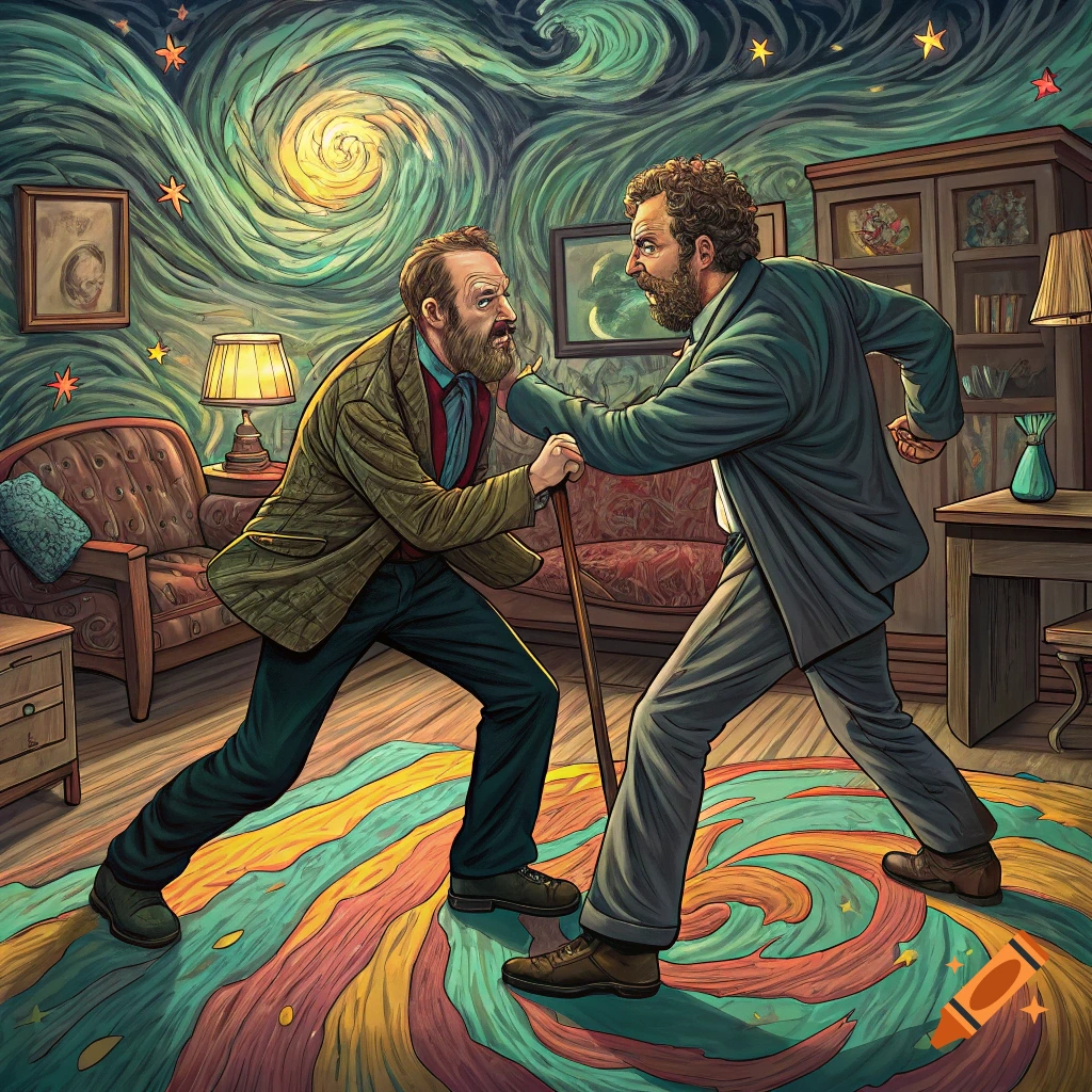 Illustration of two men, styled like Van Gogh, confronting each other ...