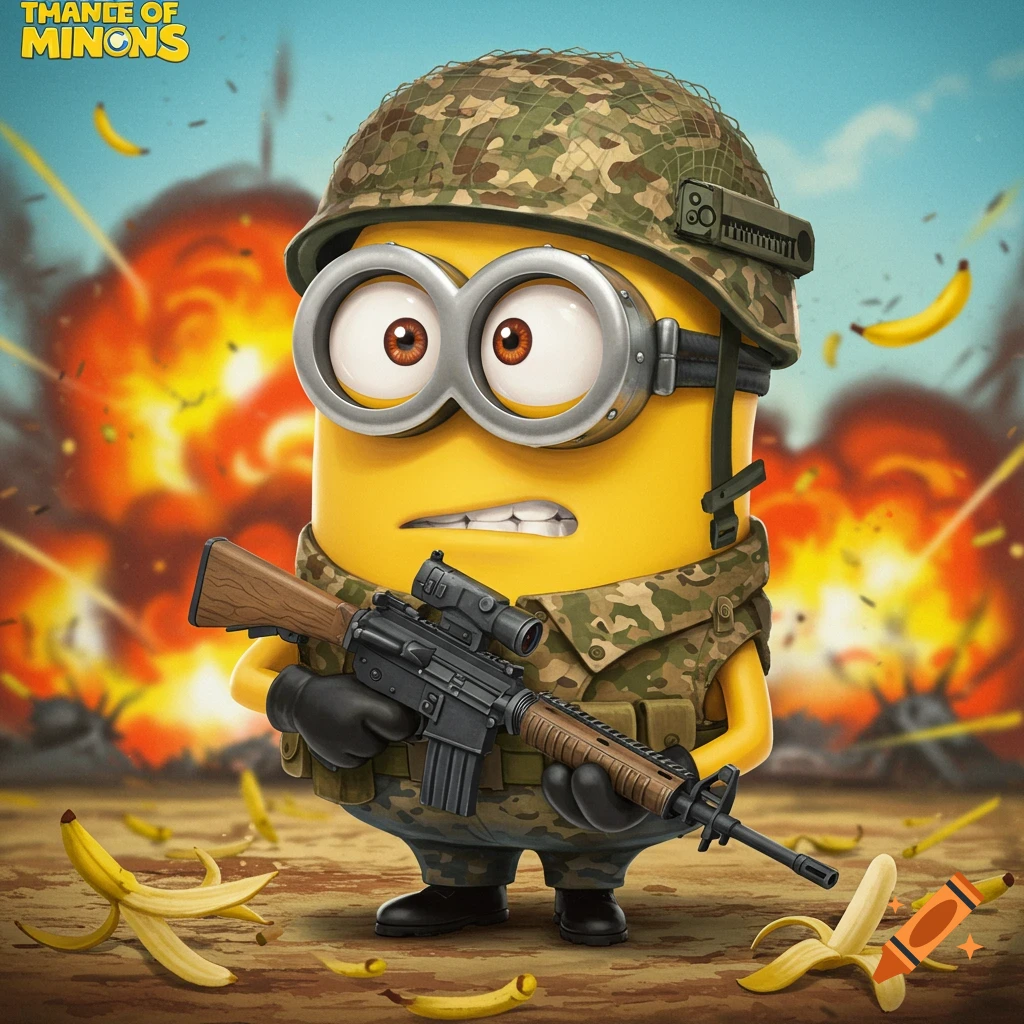 Minion soldier holding a rifle amidst explosions and banana peels on ...