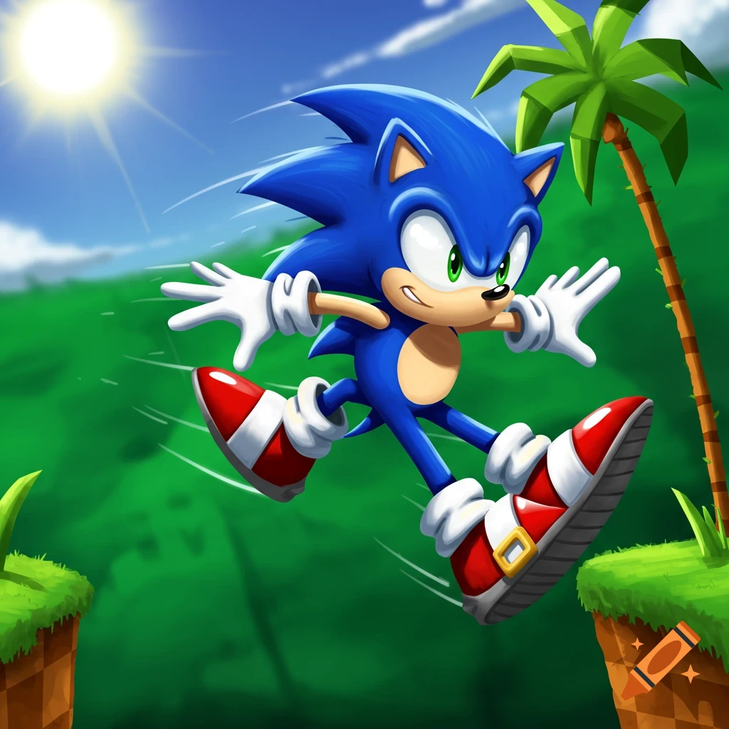 Cartoon illustration of Sonic the Hedgehog jumping over a gap in a ...