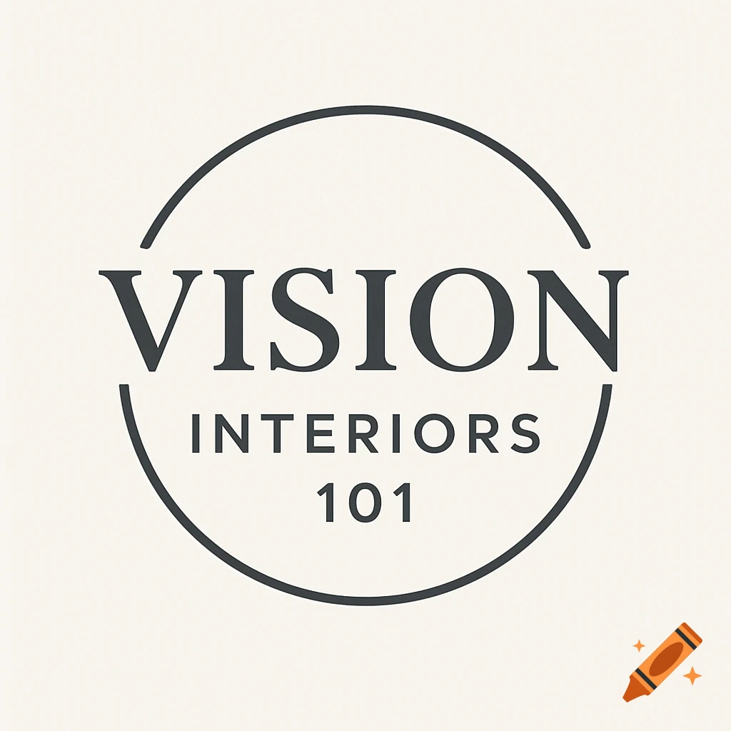 Logo with text VISION INTERIORS 101 inside a partial circle. on Craiyon