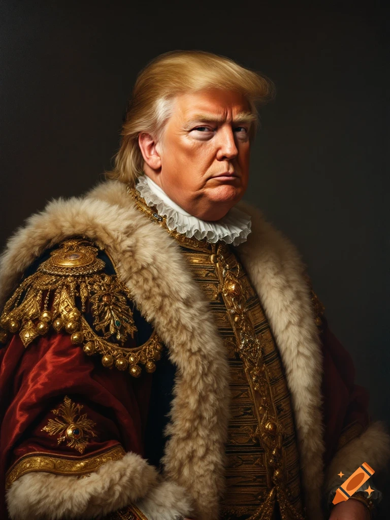 Portrait of Donald Trump wearing elaborate historical coronation robes ...
