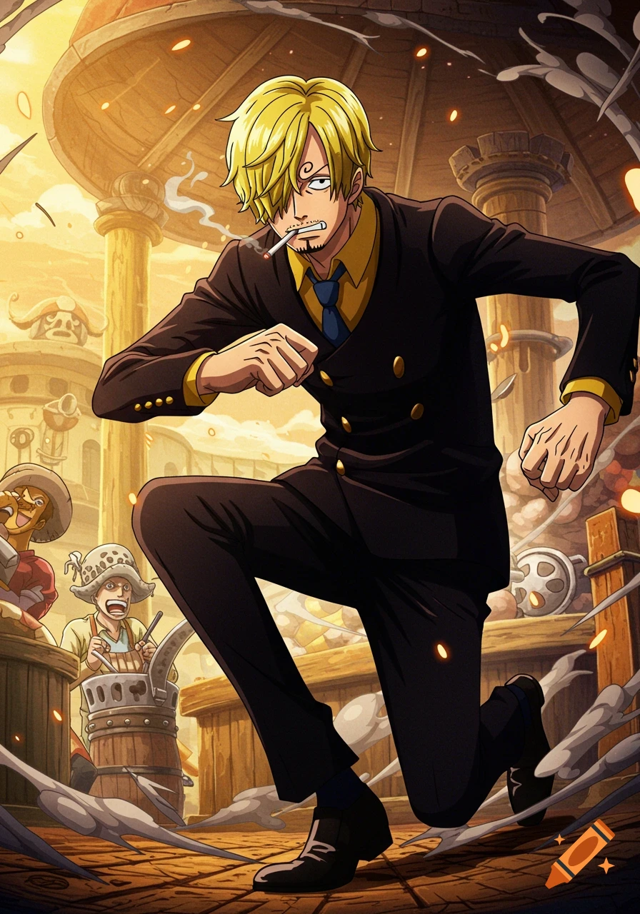 Anime art of Sanji from One Piece in a suit, smoking, in a dynamic pose ...