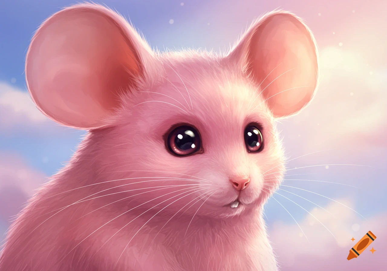 A close-up digital painting of a cute pink mouse with big ears and ...