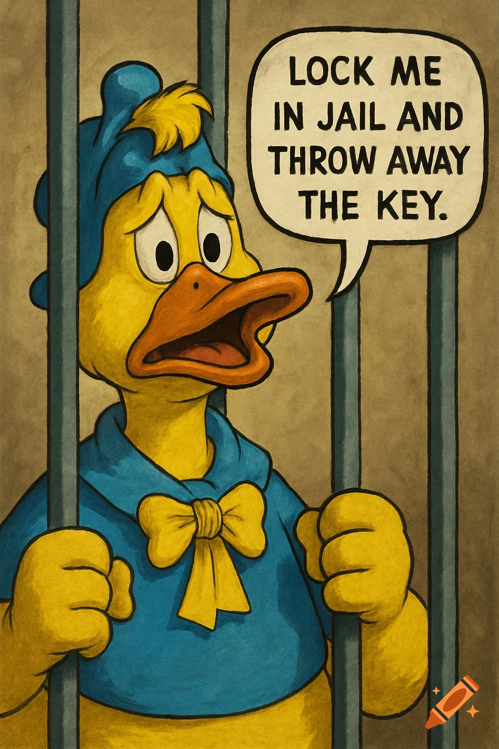 A sad cartoon duck in a jail cell speaks from behind bars. on Craiyon