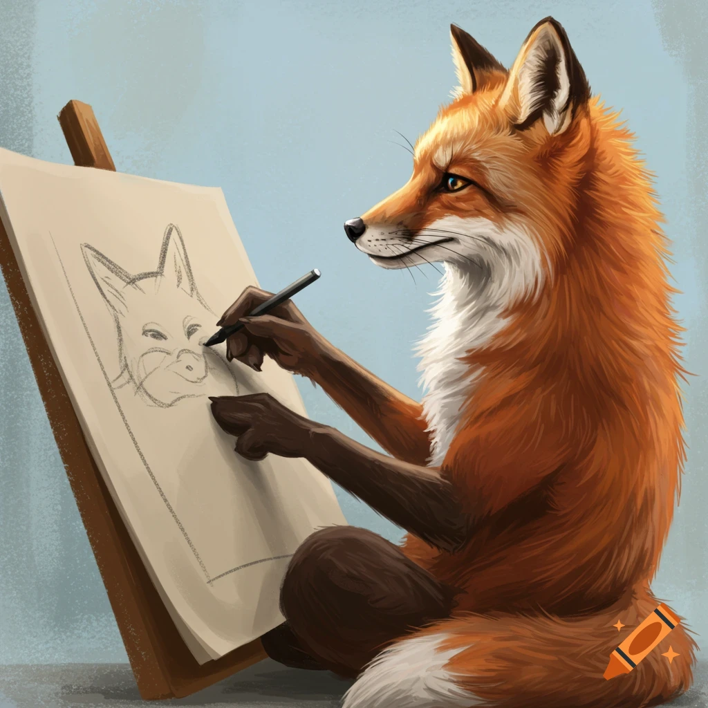 Anthropomorphic fox sketching on an easel on Craiyon