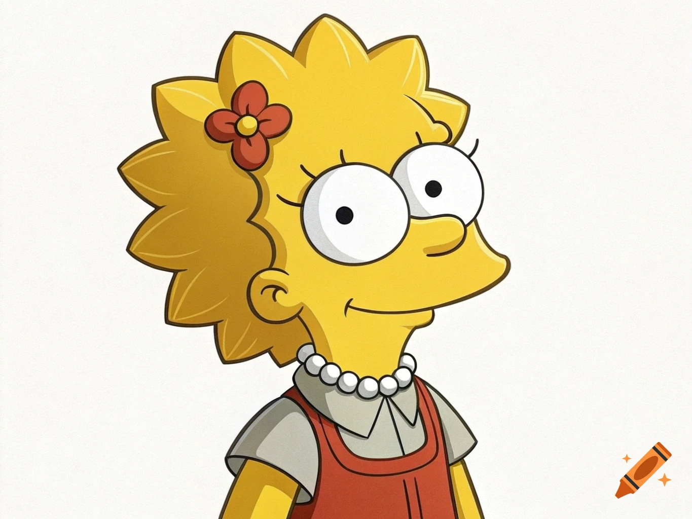 A cartoon close-up of Lisa Simpson wearing a red dress and a pearl ...