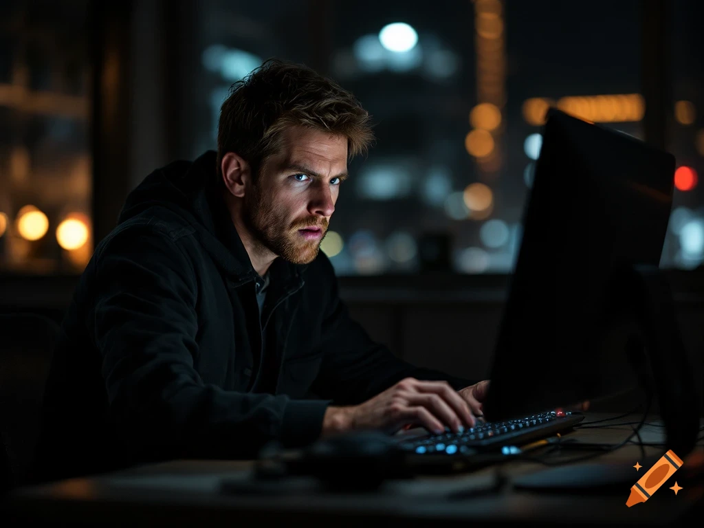 Man with intense expression working at a computer in a dark room at ...