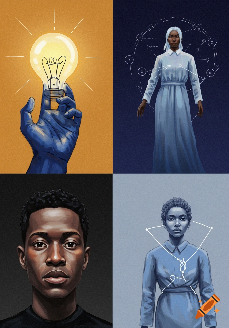 Illustration showing four panels: hand with lightbulb, figures with ...