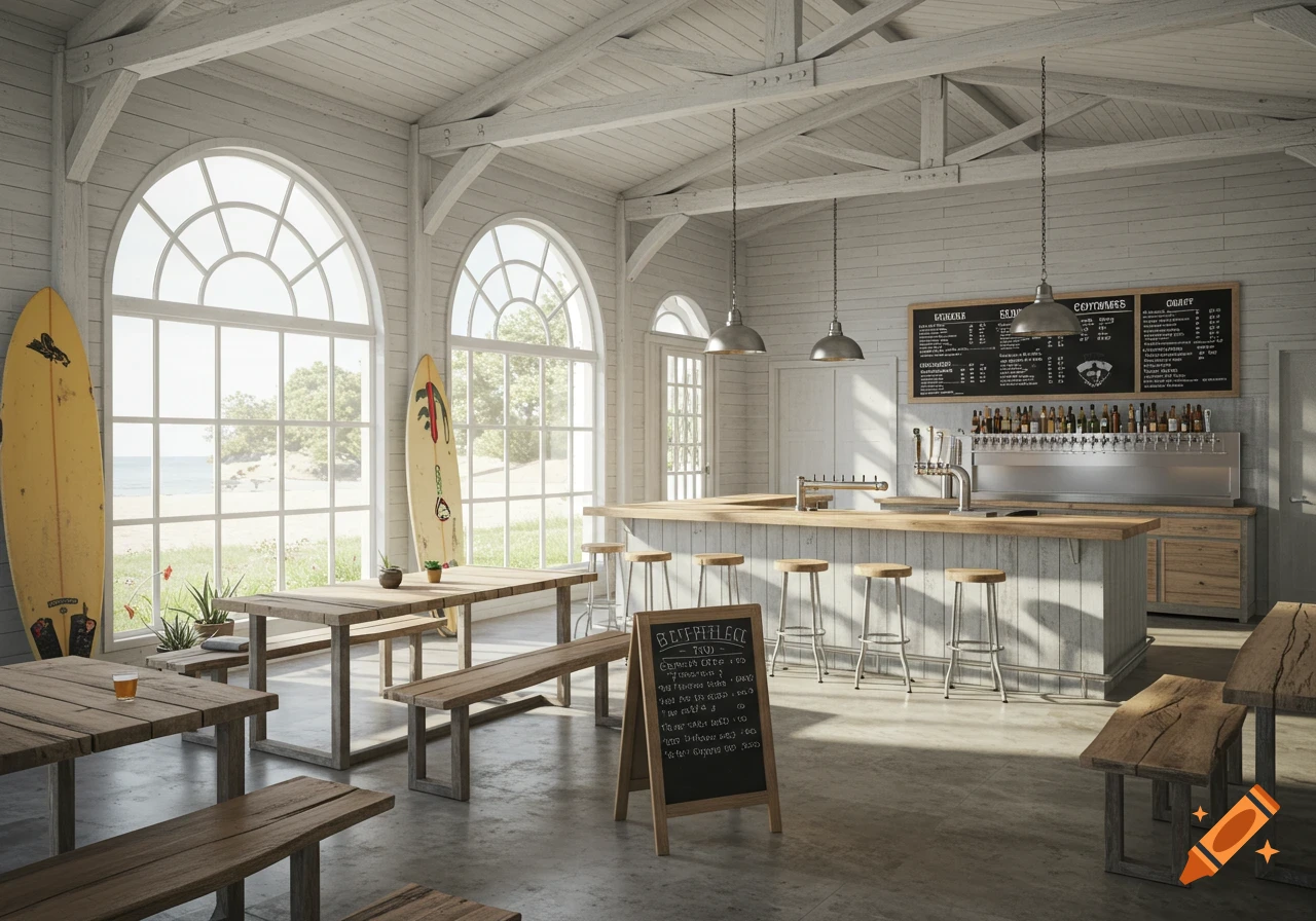 Photorealistic interior of a bright surf-themed brewery overlooking a ...