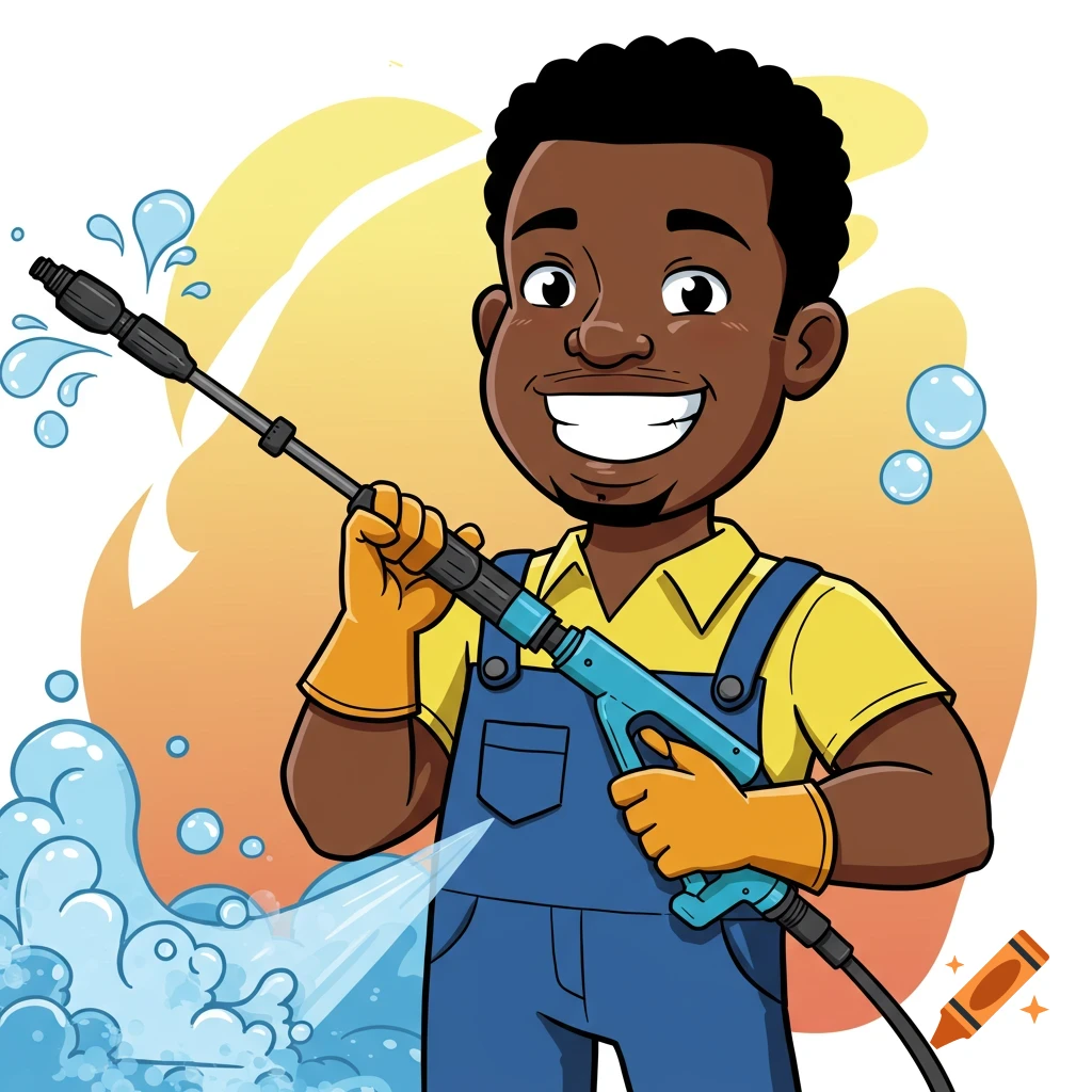 Cartoon illustration of a man smiling and holding a jet pressure washer ...