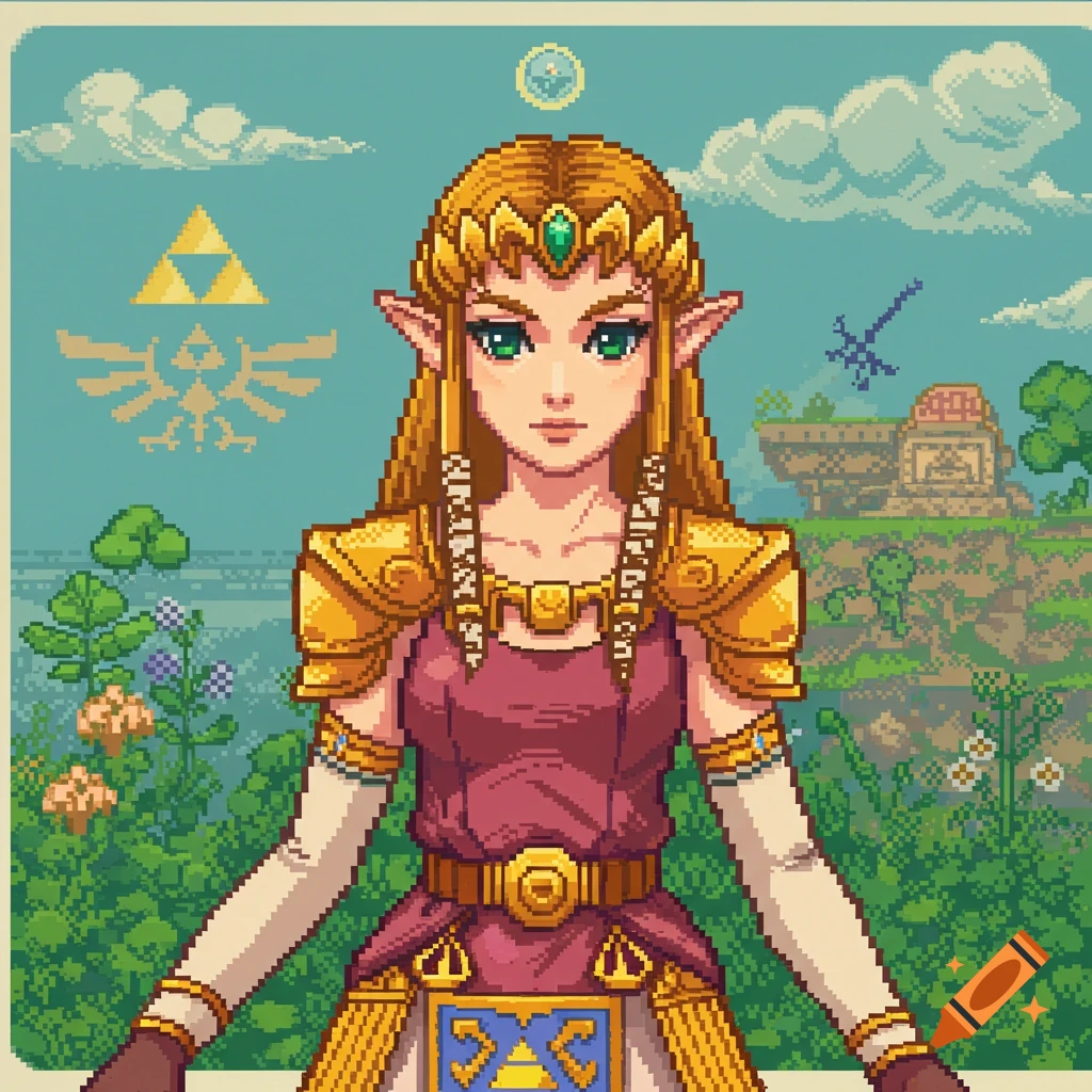 Pixel art portrait of Princess Zelda in a fantasy landscape with the ...