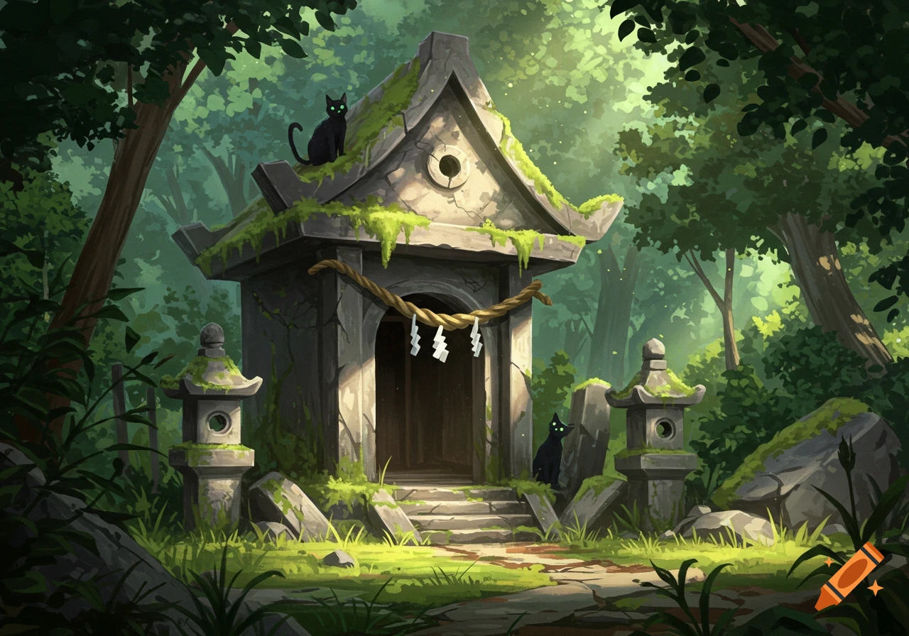 Illustrative painting of an ancient stone shrine in a forest with two ...