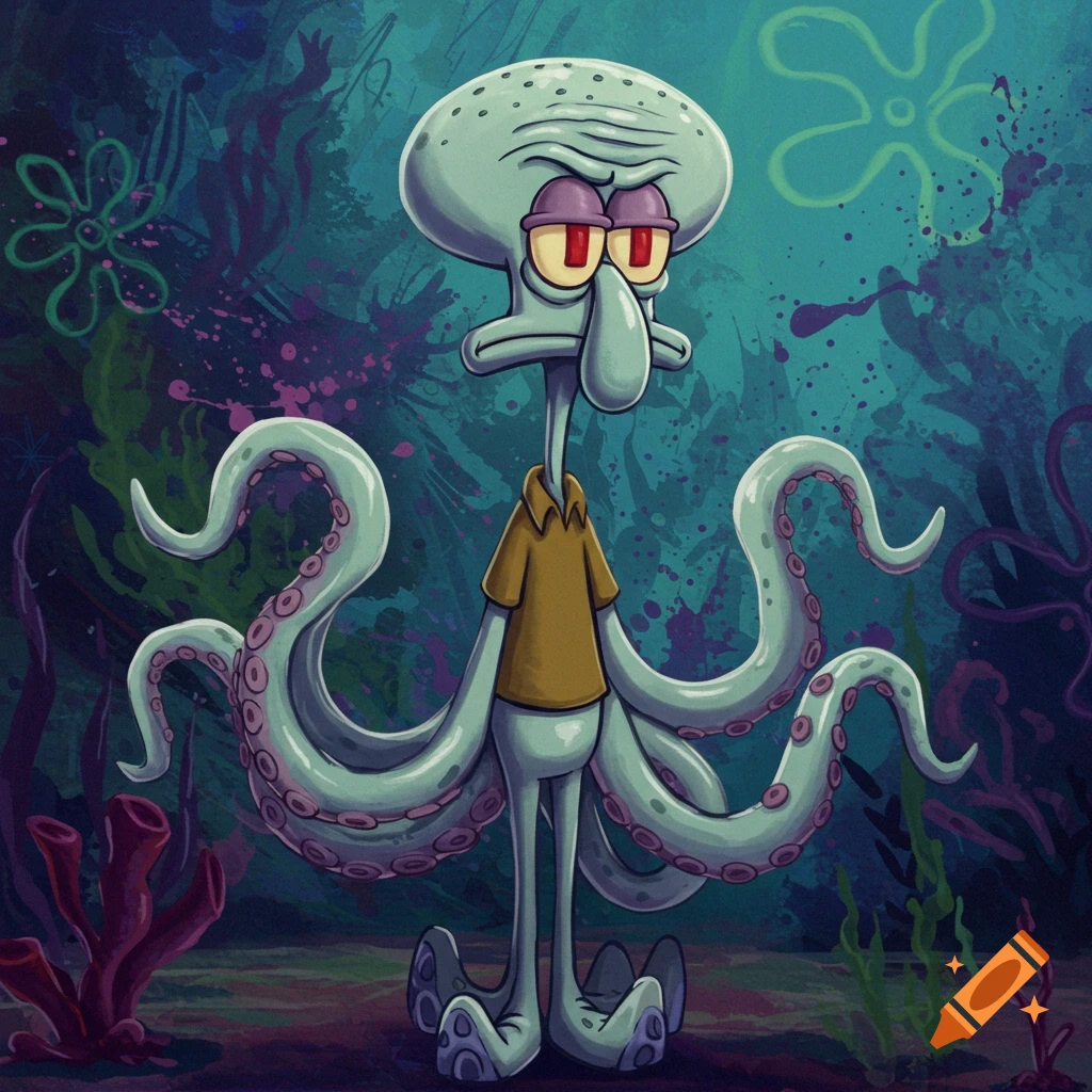 Stylized illustration of Squidward Tentacles standing underwater on Craiyon
