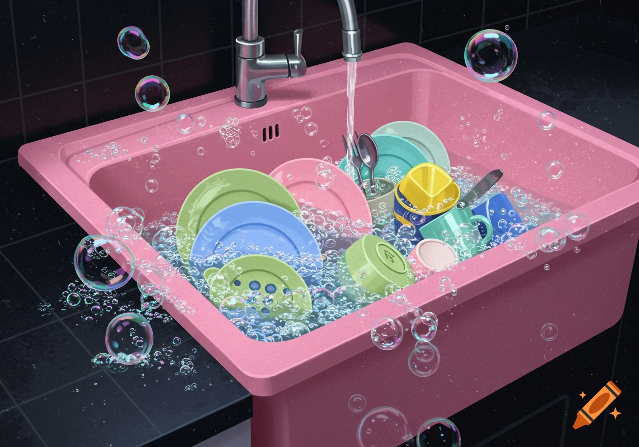 A pink kitchen sink overflowing with colorful dishes and soapy bubbles ...