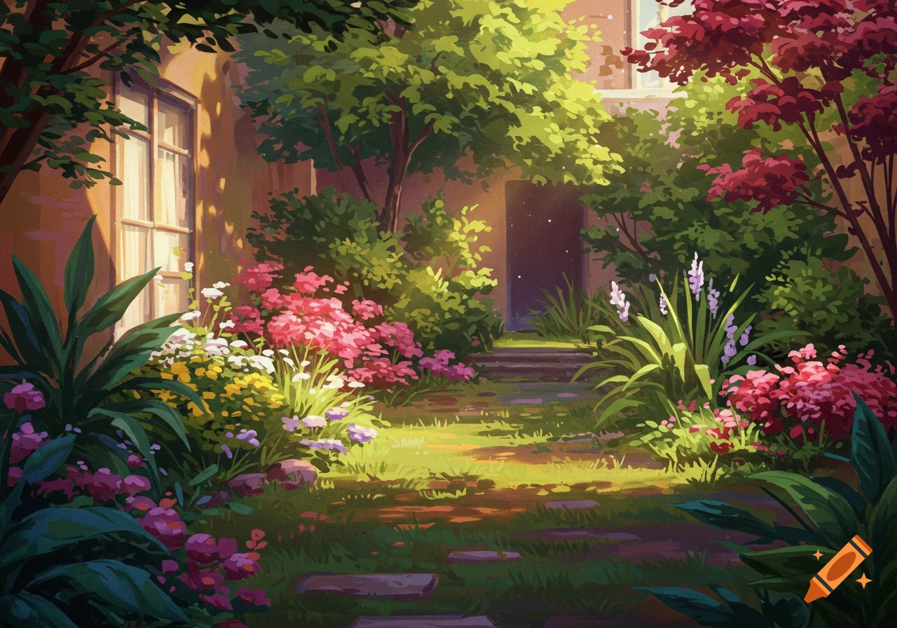 Painterly garden scene with colorful flowers, lush plants, and a path ...