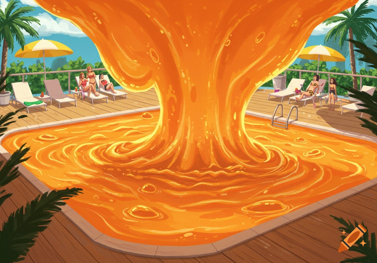 A swimming pool filled with thick orange liquid resembling cheese sauce ...