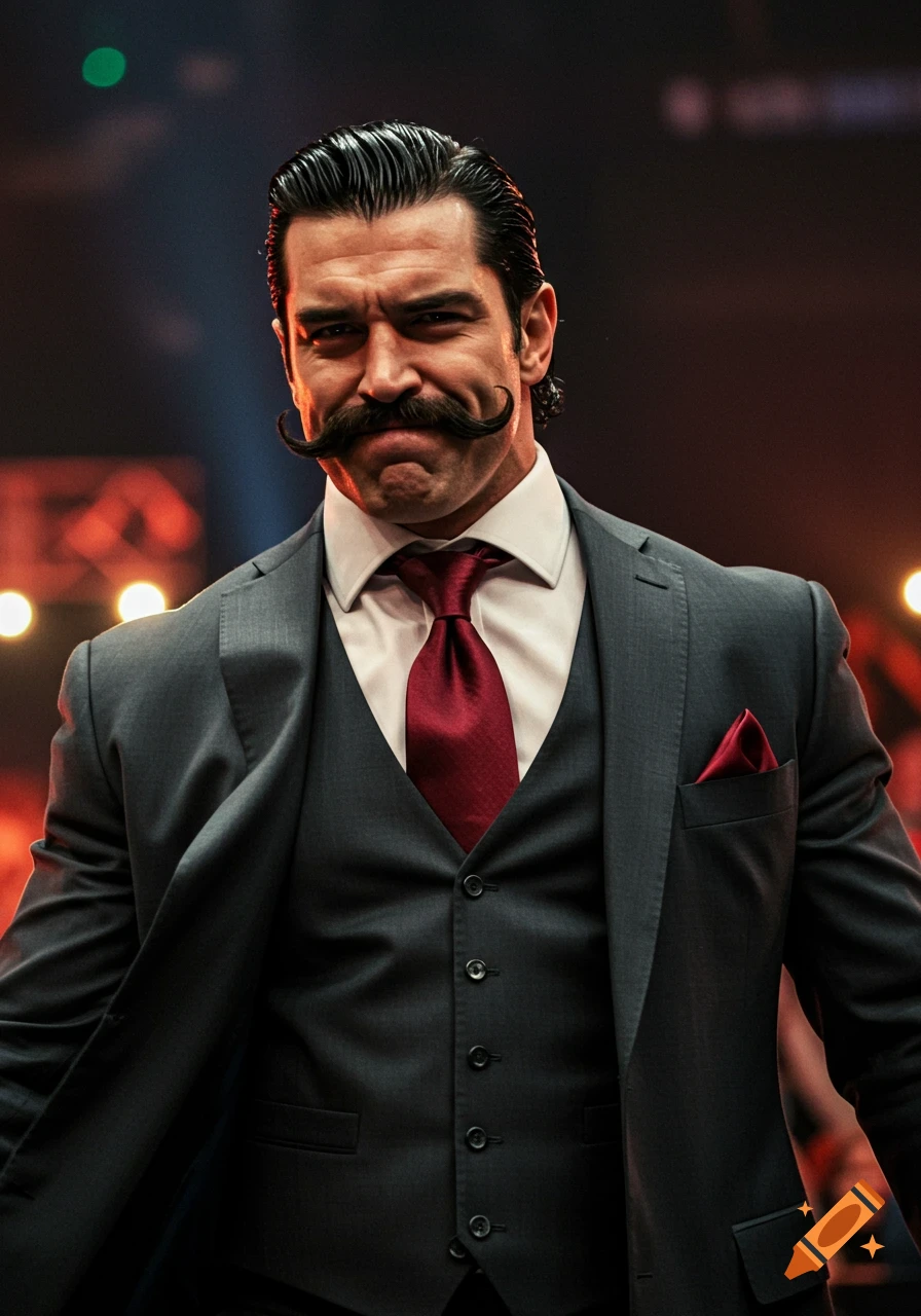Man with large mustache in a grey suit and red tie on Craiyon