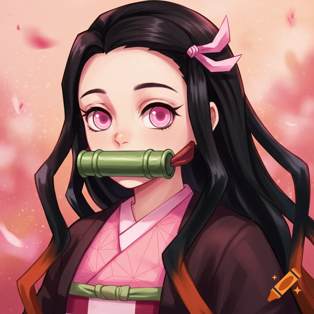 An illustrated portrait of anime character Nezuko with pink eyes and ...