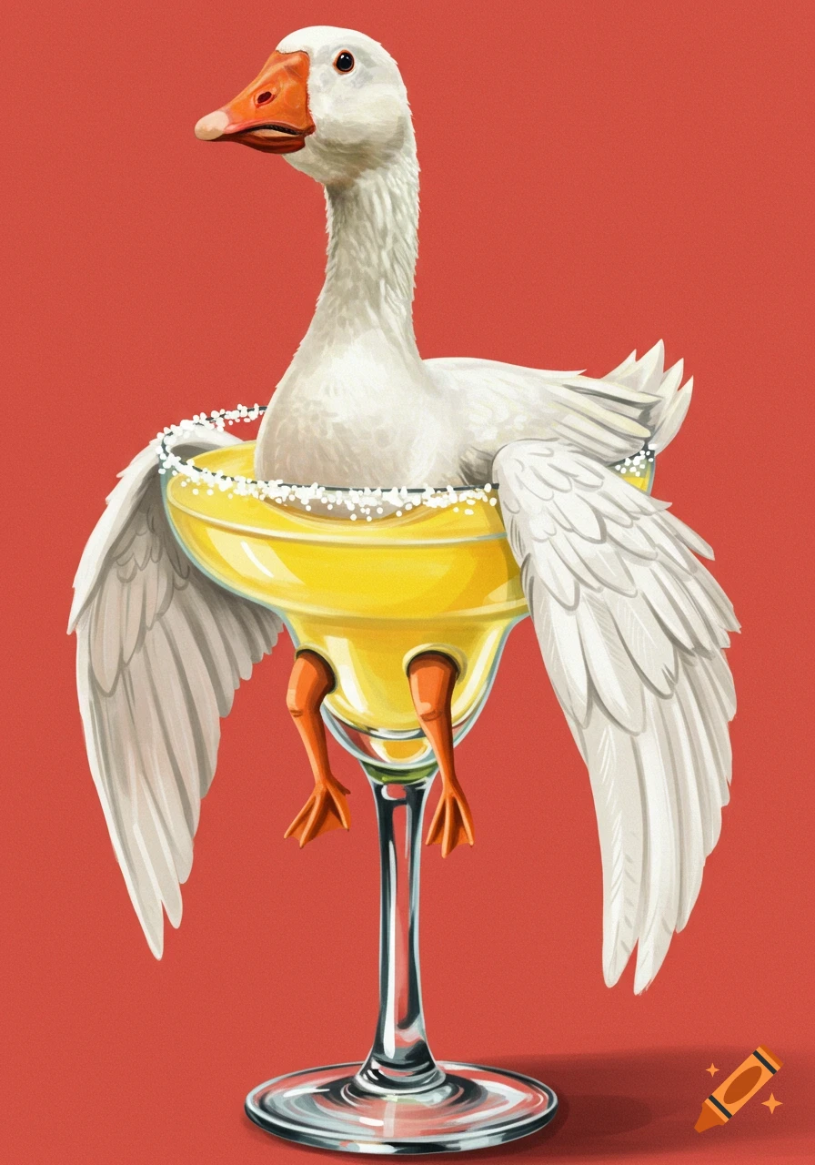 An illustration of a white goose sitting inside a margarita glass. on ...